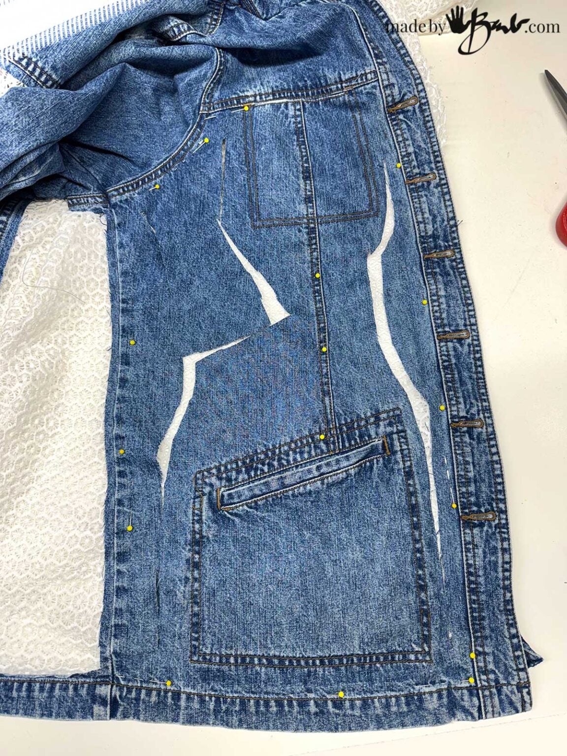 Denim Jean Jacket Hack - Add Sheer Windowpanes - MadeByBarb